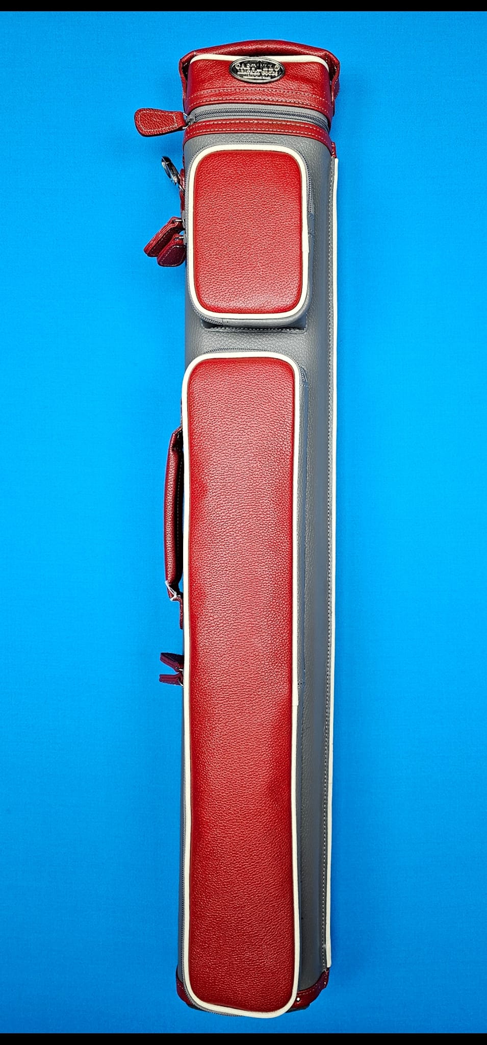 Castillo 3×5 Gray/Red Pebbled Leather – SOLD! - Crossroad Cues